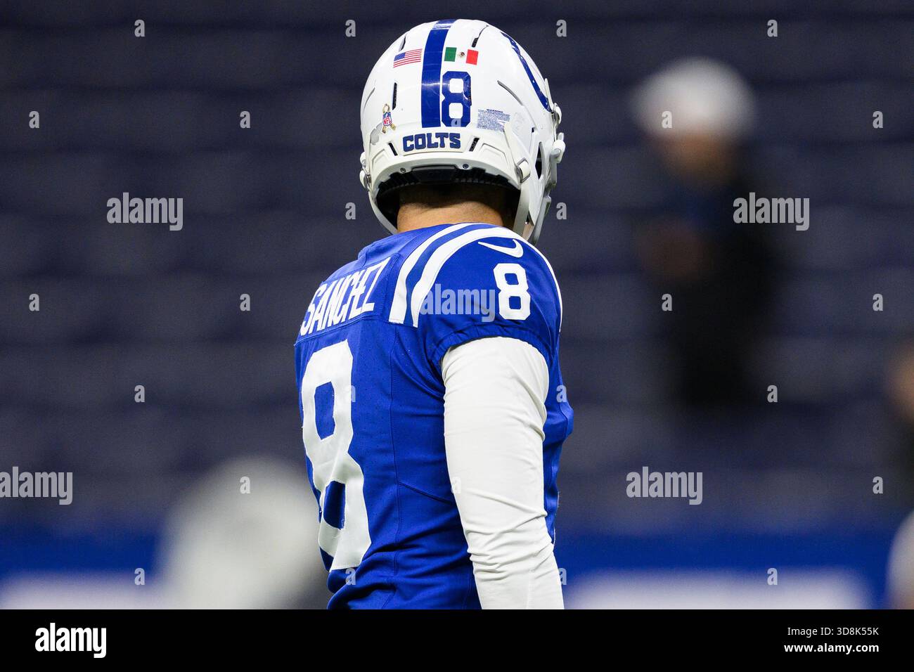 Indianapolis Colts punter Rigoberto Sanchez (8) wears a international ...