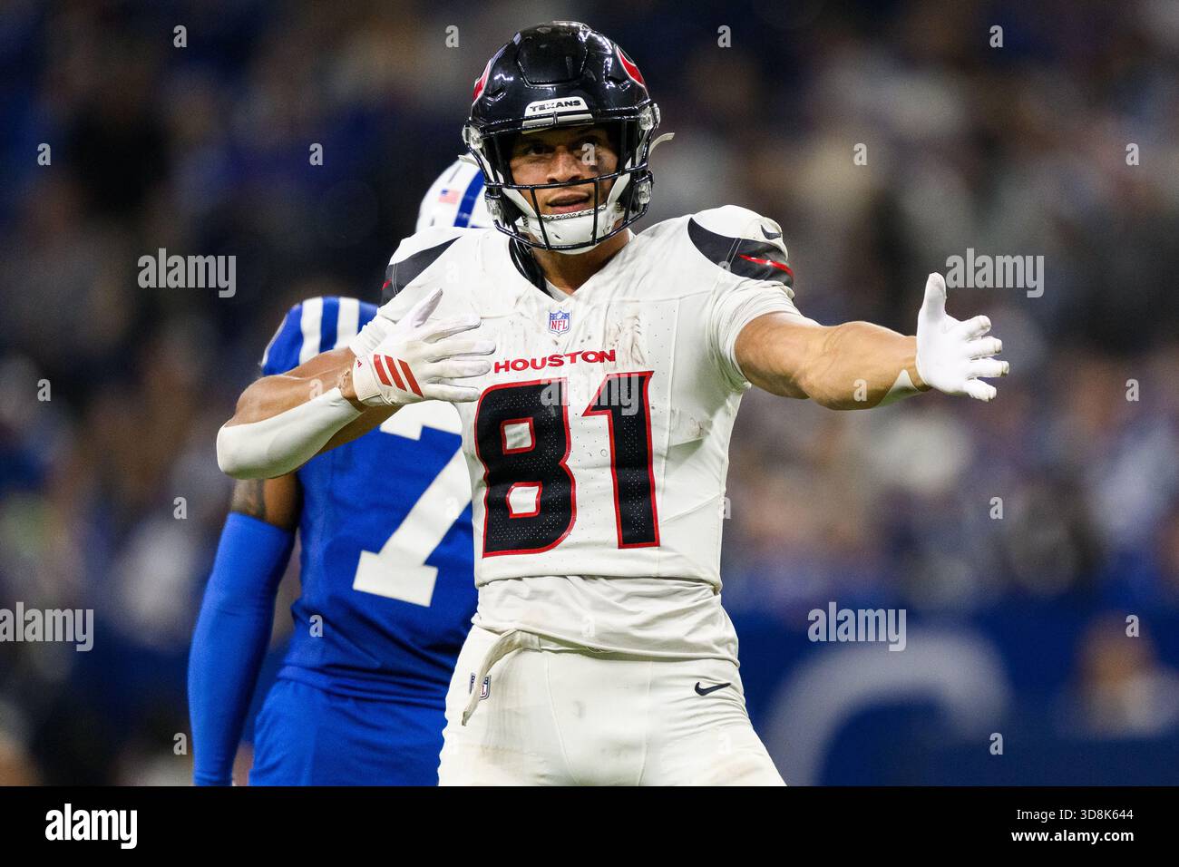 Houston Texans wide receiver Jayden Higgins (81) celebrates a first ...