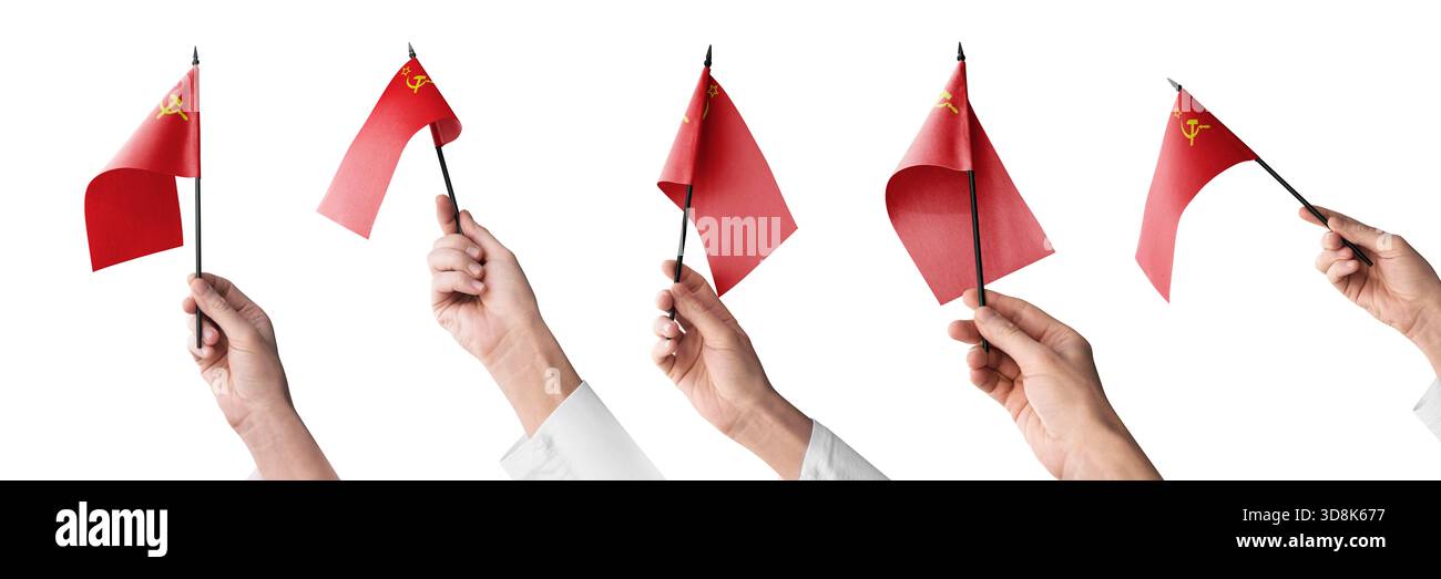 The USSR flag in hand in different angles on a white background Stock ...