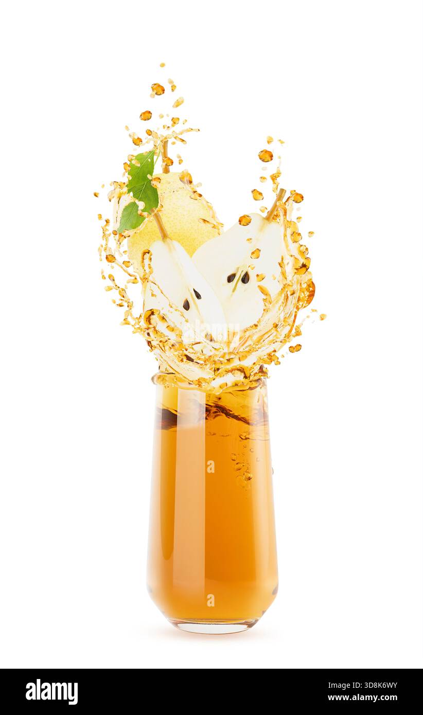 Cool pear beverage with fresh yellow pear slices, green leaves liquid ...