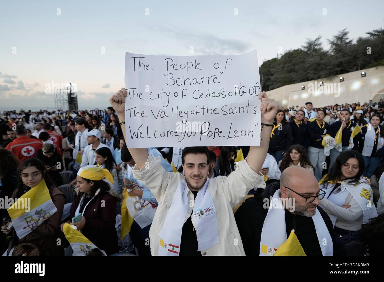 Youth carry banners and the Vatican flags as they wait ahead of a visit ...