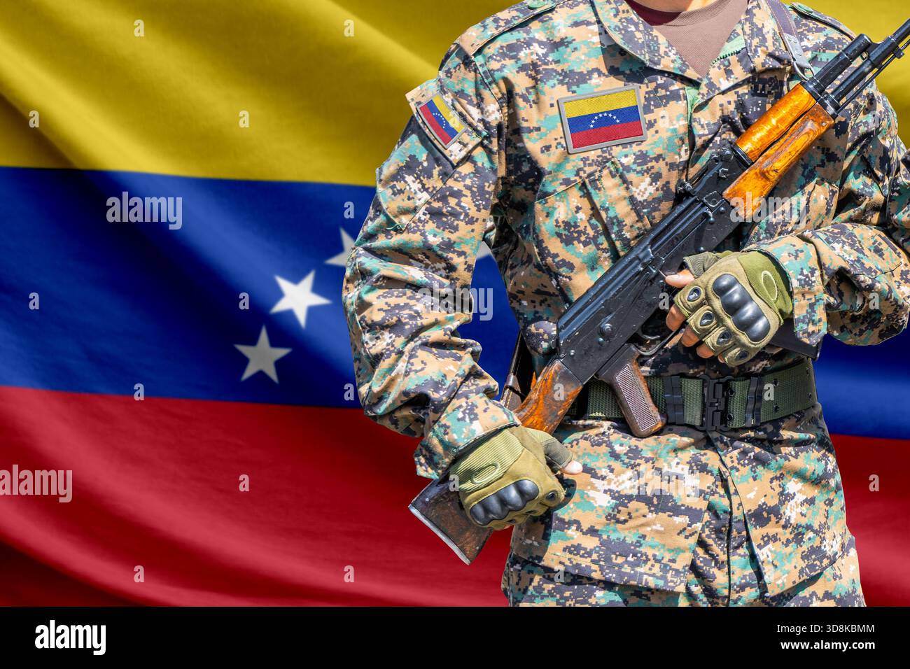 Venezuela flag with soldier in military uniform holding assault rifle ...