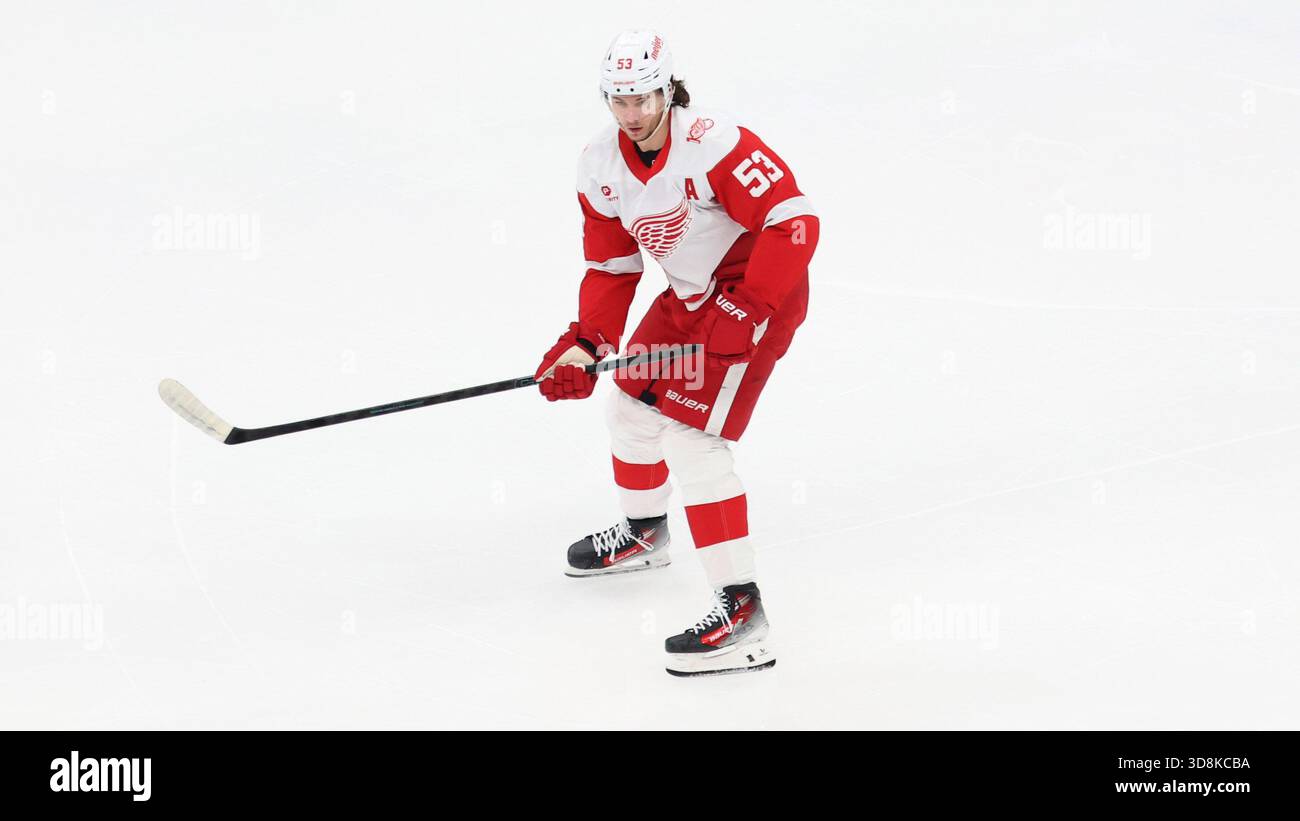 Detroit Red Wings defenseman Moritz Seider (53) during an NHL hockey ...