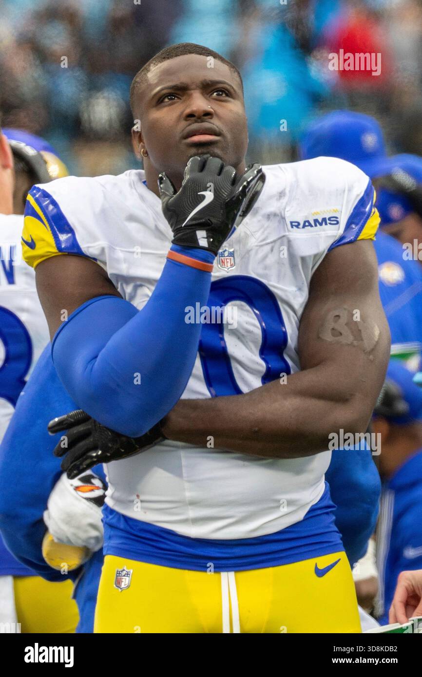 Los Angeles Rams linebacker Byron Young watches from the sideline ...