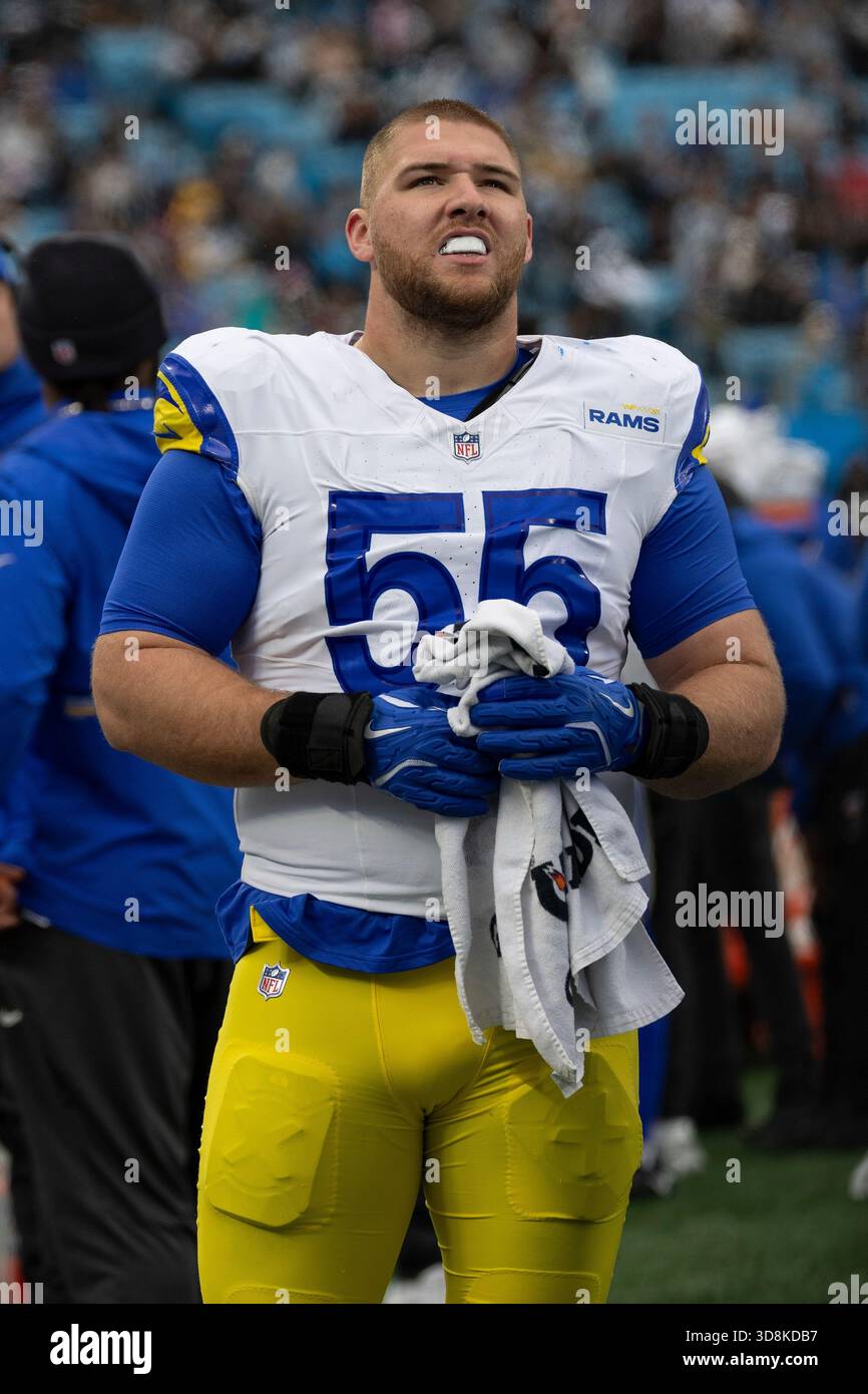 Los Angeles Rams defensive end Braden Fiske walks to the bench during an NFL football game ...