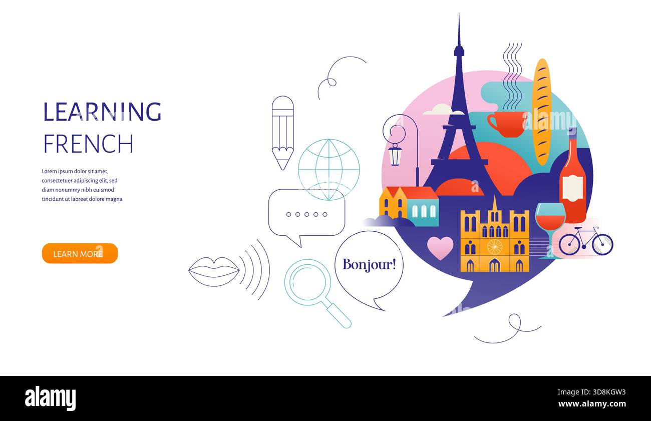 French Language learning, concept design. Travel, tourism illustration ...