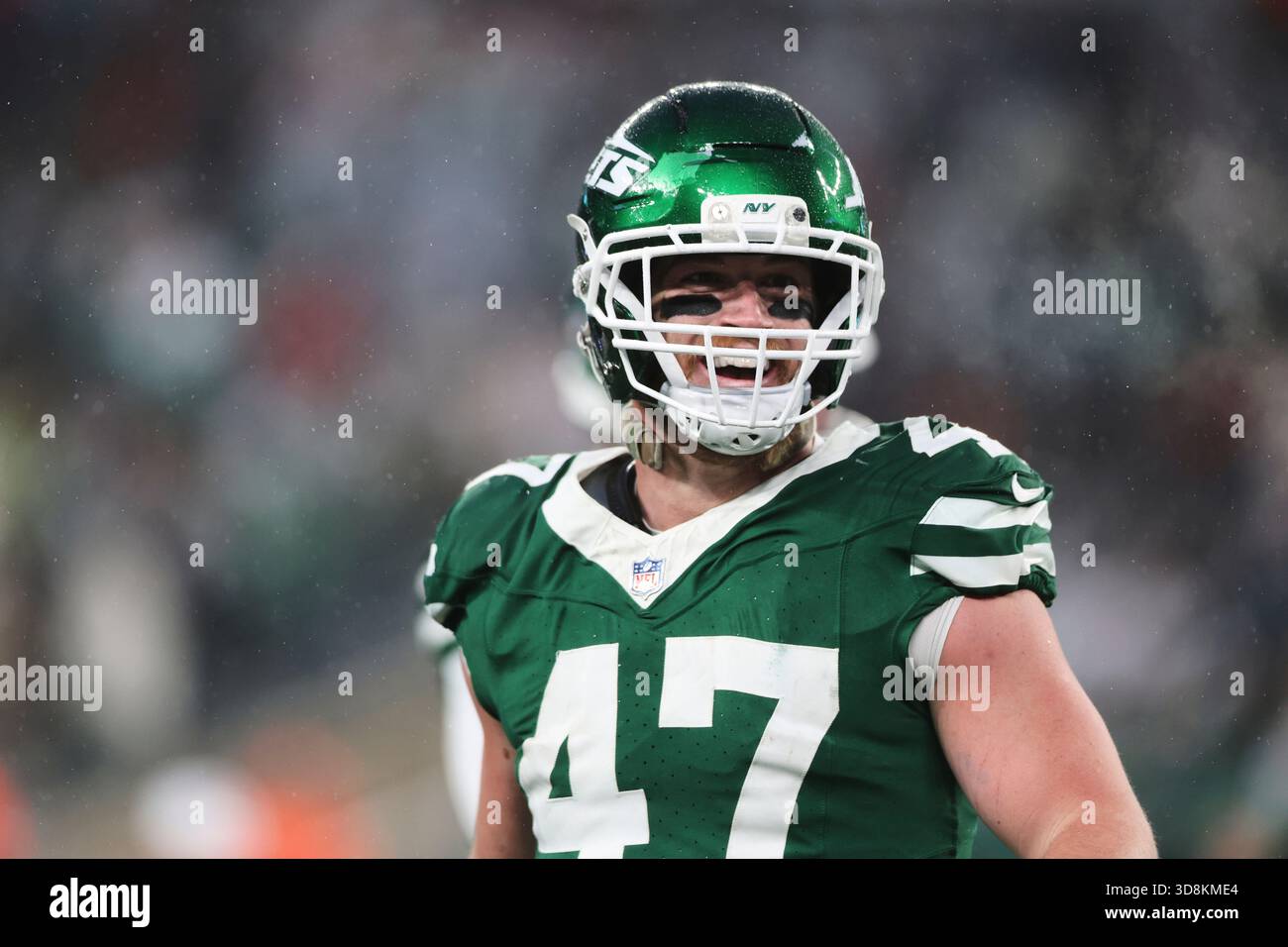 New York Jets fullback Andrew Beck (47) reacts after a play during an NFL football game against ...