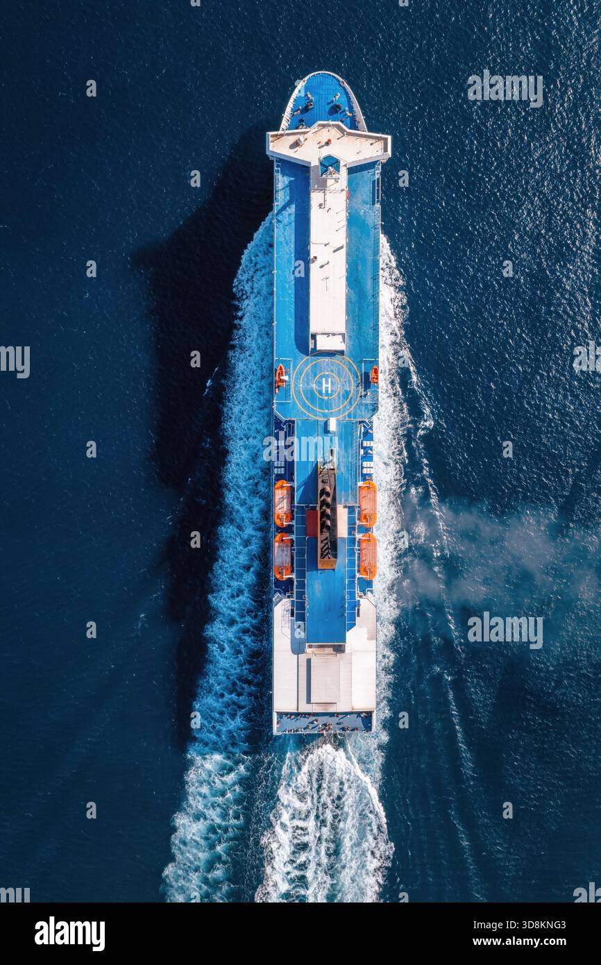 Aerial overhead view of a passenger RoRo (Roll on Roll off) ship ...