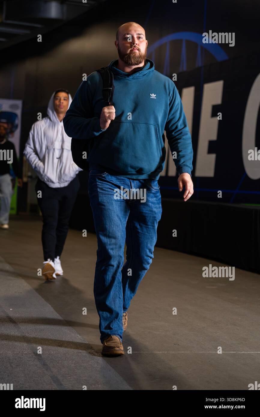Seattle Seahawks guard Bryce Cabeldue (77) arrives before an NFL ...