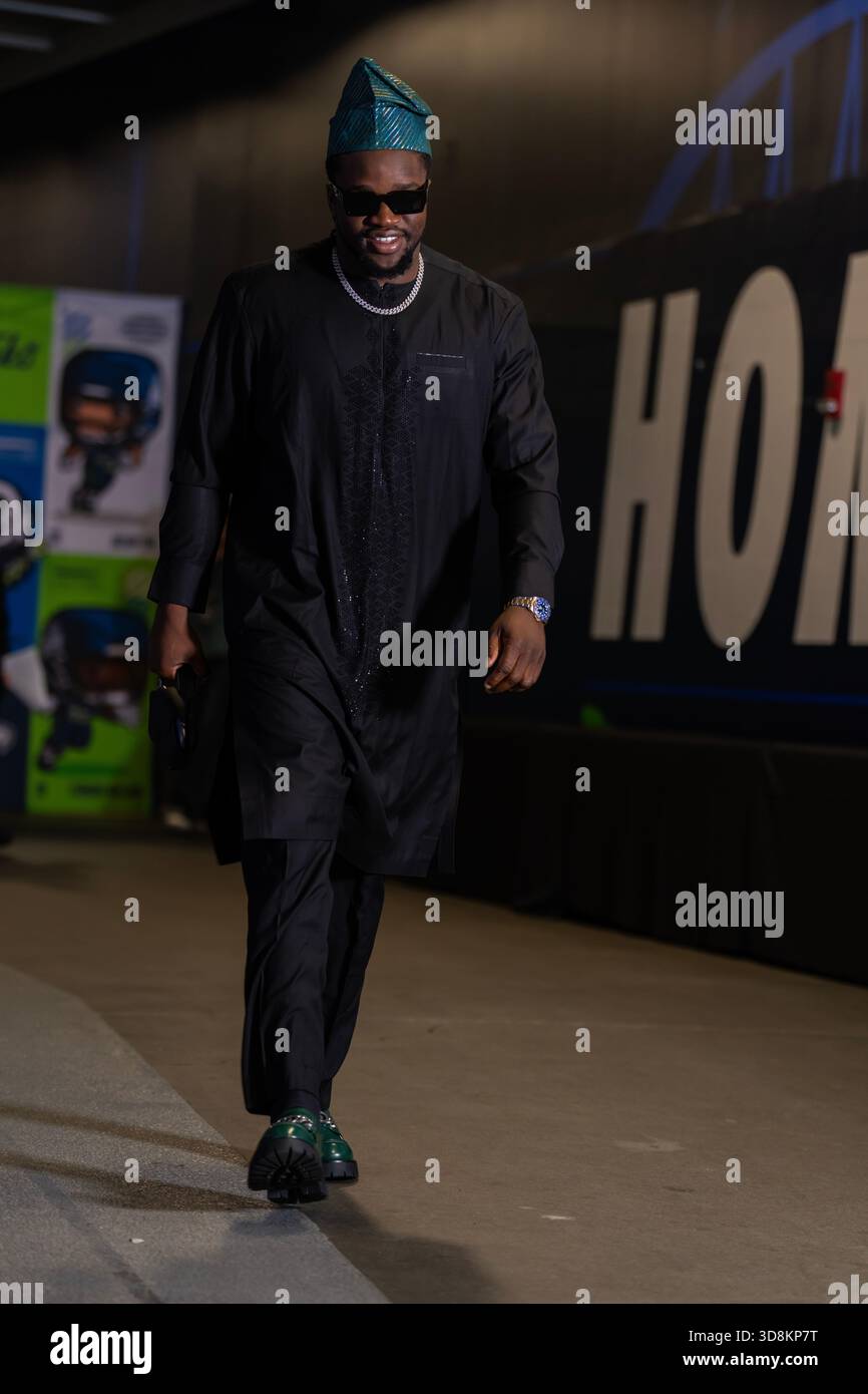 Seattle Seahawks linebacker Boye Mafe (53) arrives before an NFL ...
