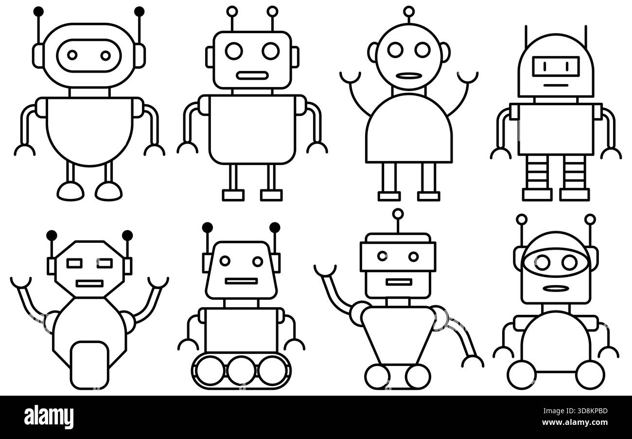 Minimal black and white vector icons of different robots, perfect for ...