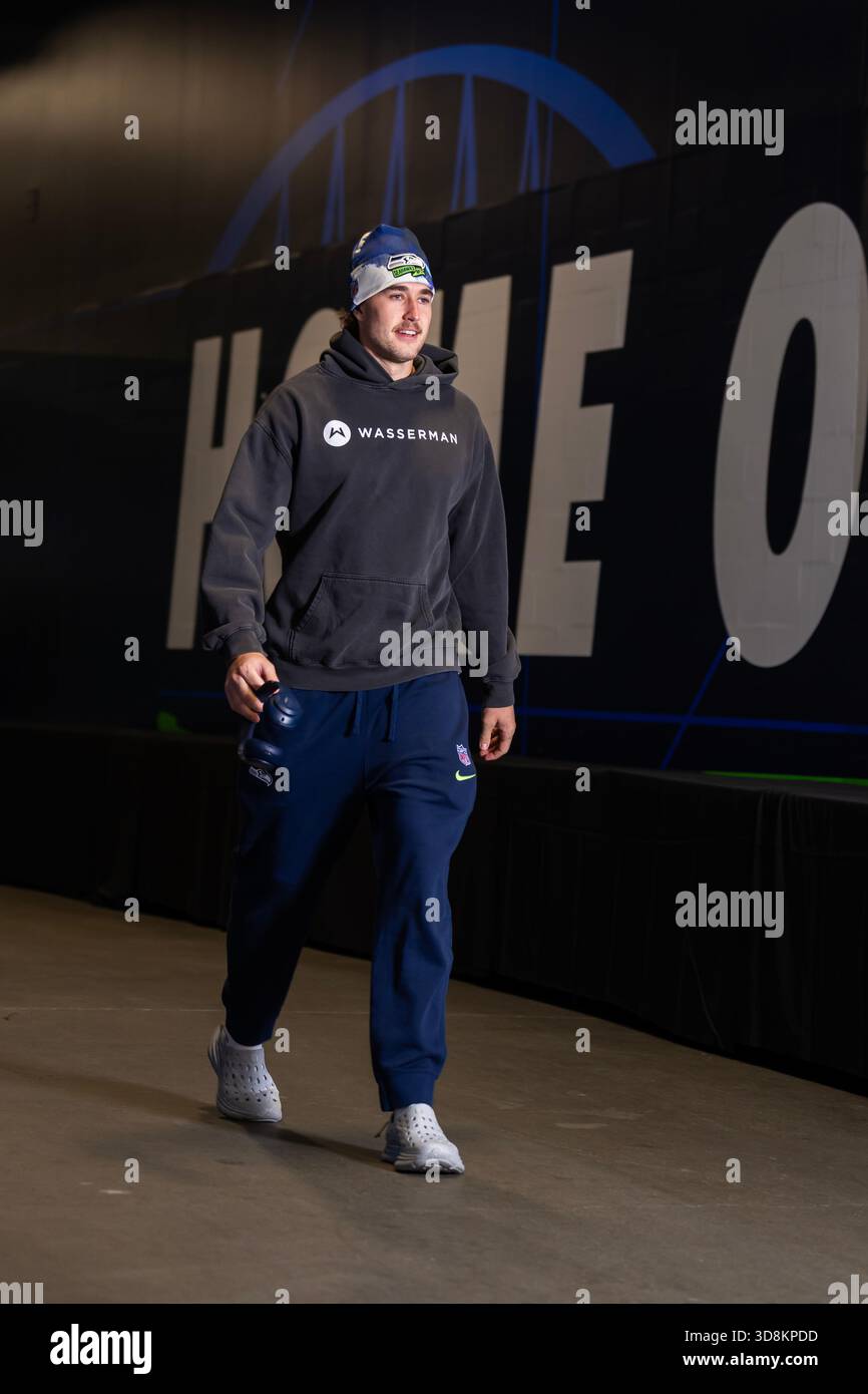 Seattle Seahawks wide receiver Jake Bobo (19) arrives before an NFL ...