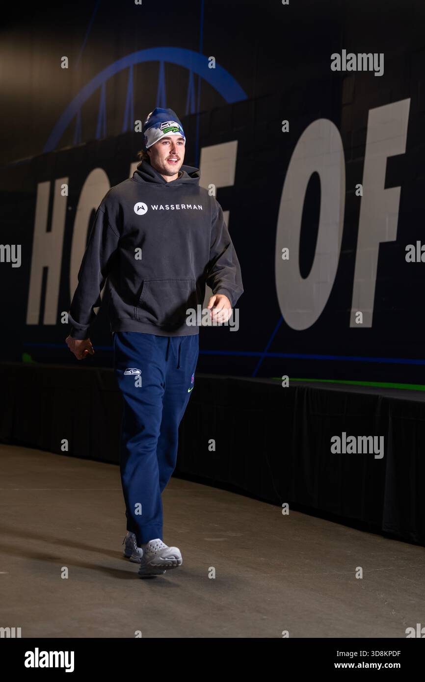 Seattle Seahawks wide receiver Jake Bobo (19) arrives before an NFL ...