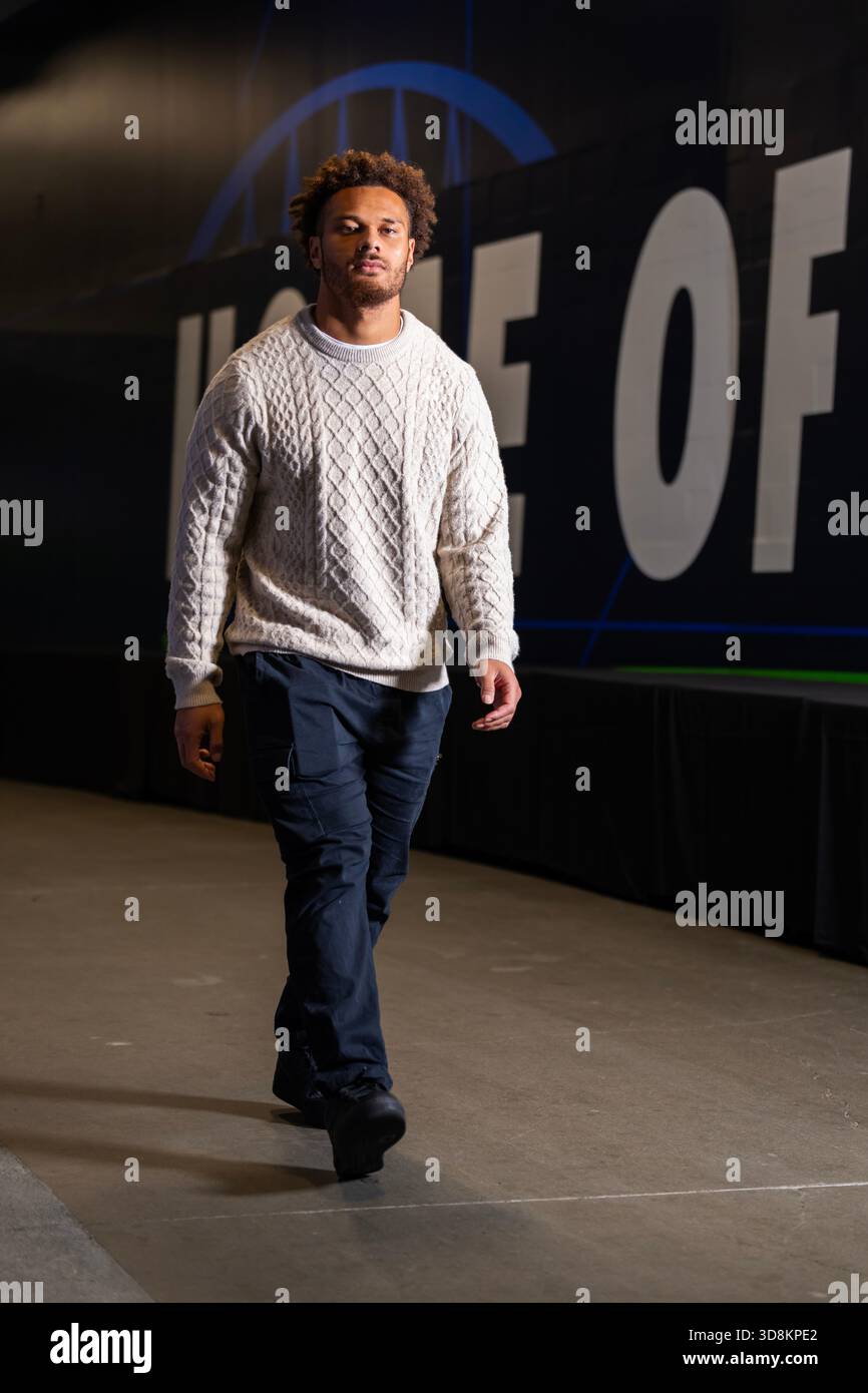 Seattle Seahawks running back George Holani (36) arrives before an NFL ...