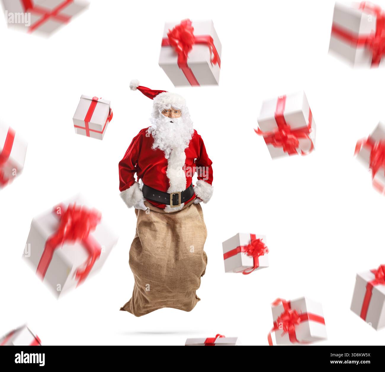 Santa Claus in a sack race and presents flying in the air isolated on ...