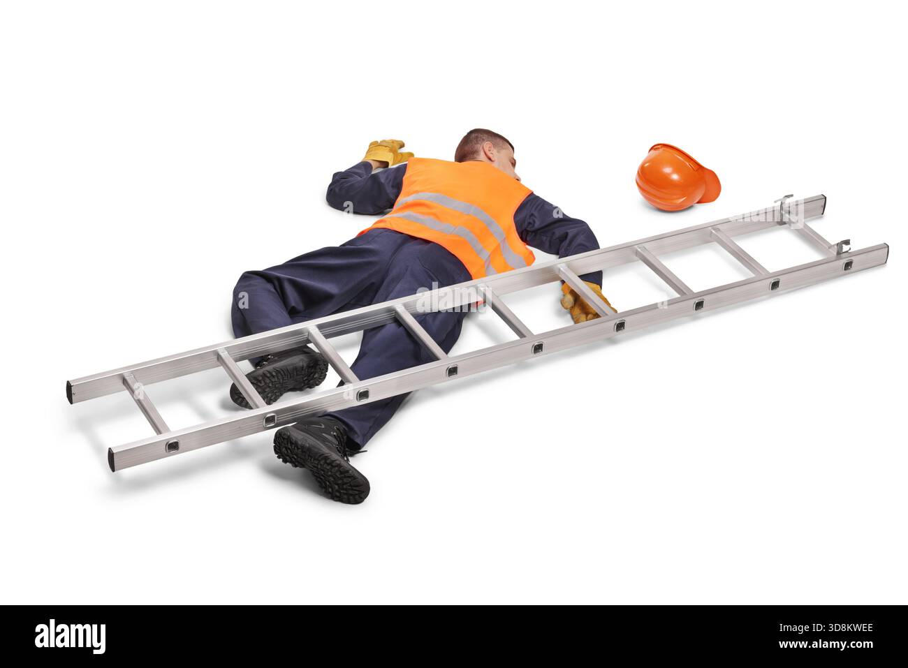 Worker lying on the ground after fall from a ladder isolated on white ...
