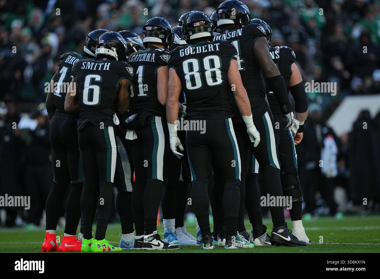 The Philadelphia Eagles huddle during an NFL football game, Friday, Nov ...