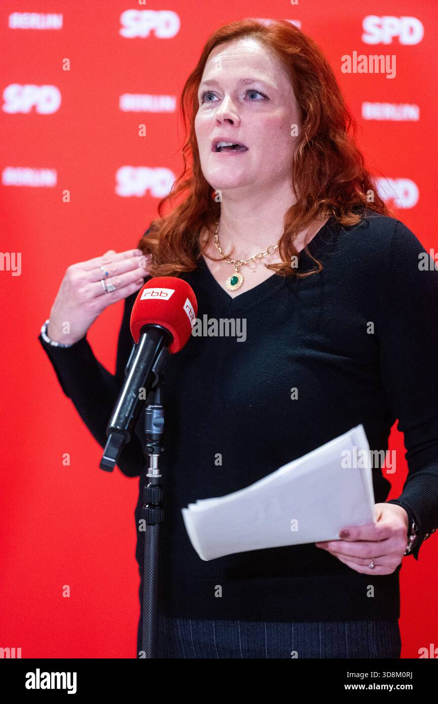 01 December 2025, Berlin: Bettina König speaks at a press conference on ...