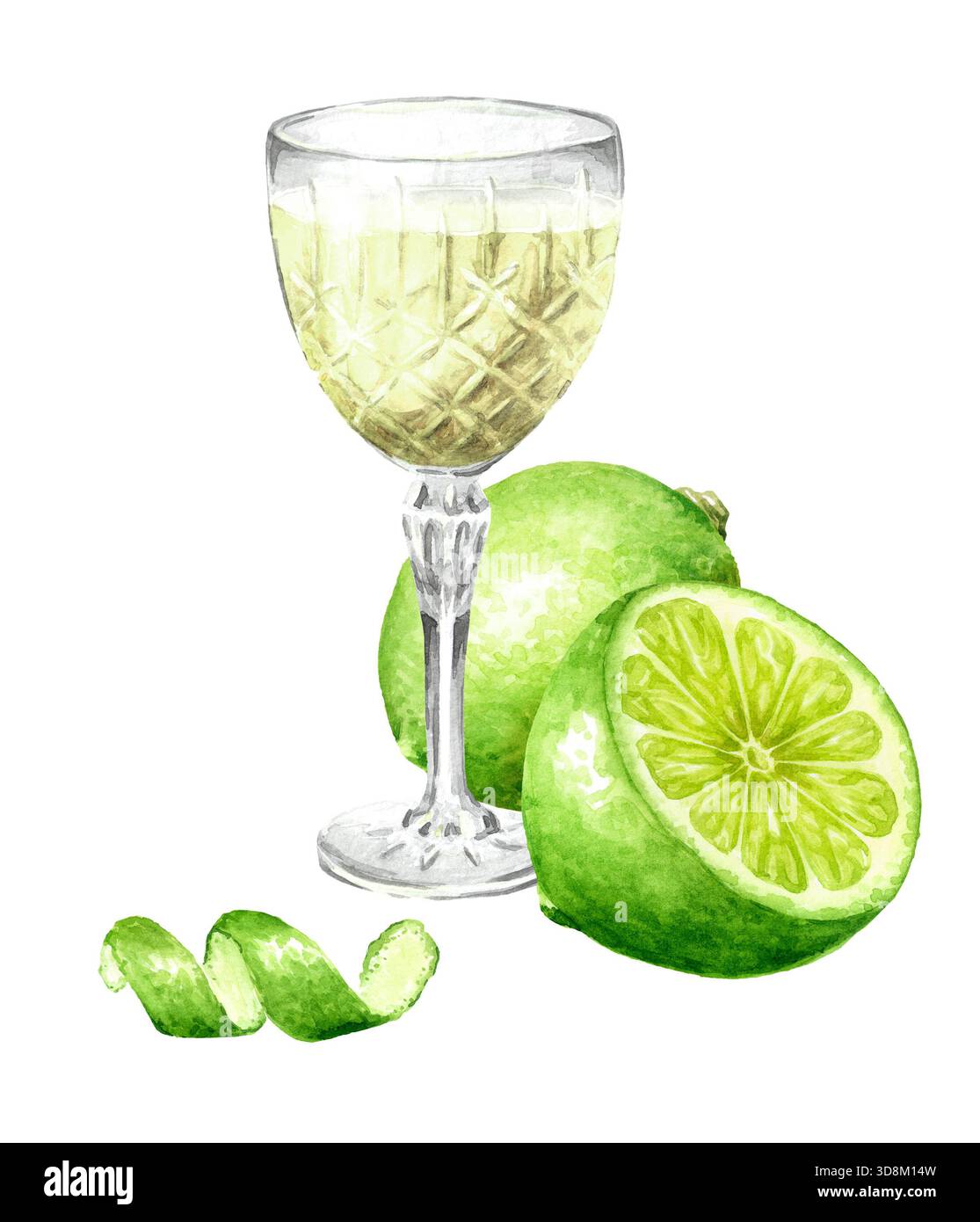 Liqueur or tincture of limoncello in a crystal glass with fresh lime ...