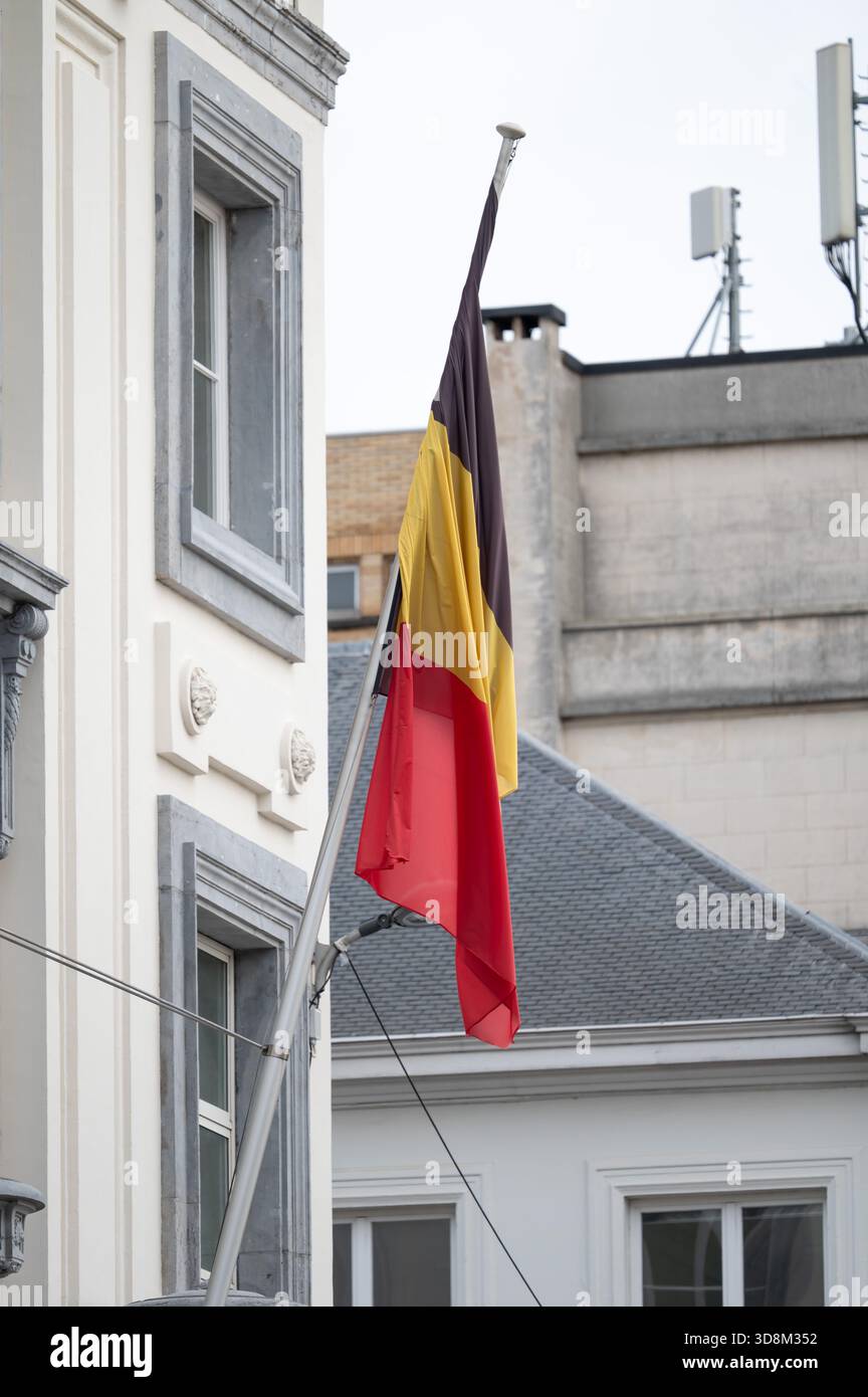 Close-up view of the Belgian tricolour flying at the Federal Parliament ...