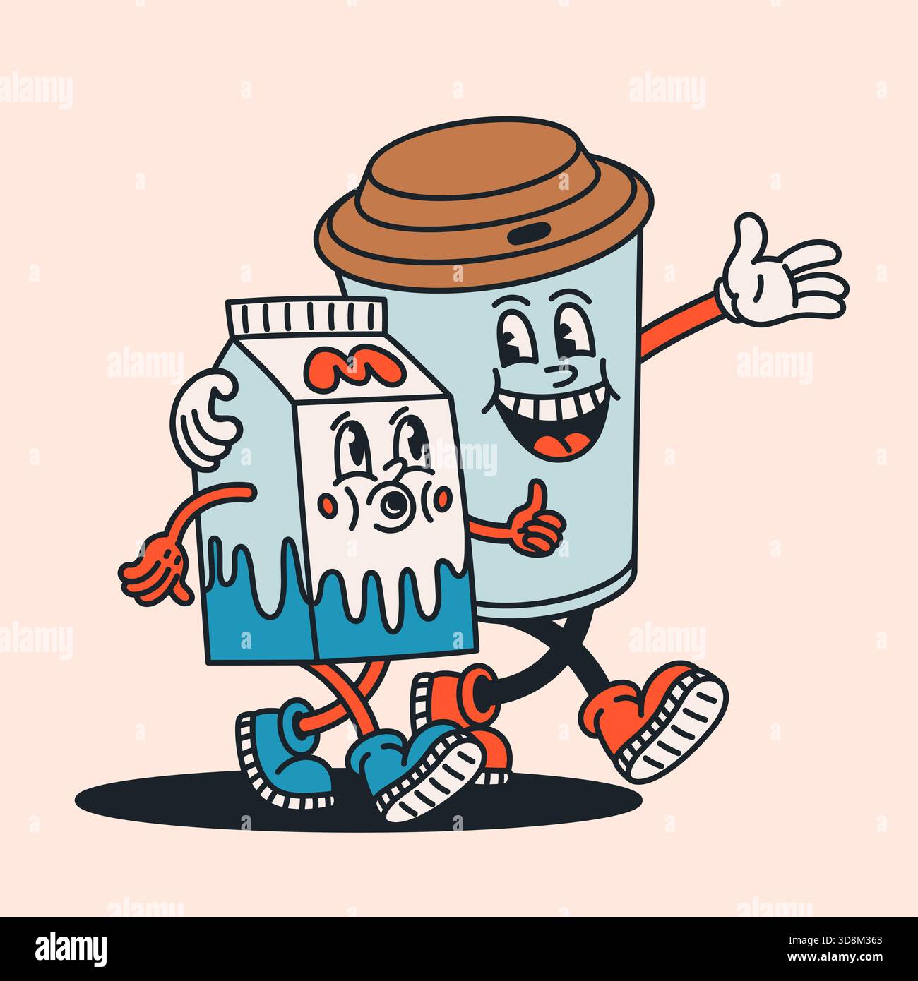 Coffee and milk walking together, cheerful groovy character duo in ...