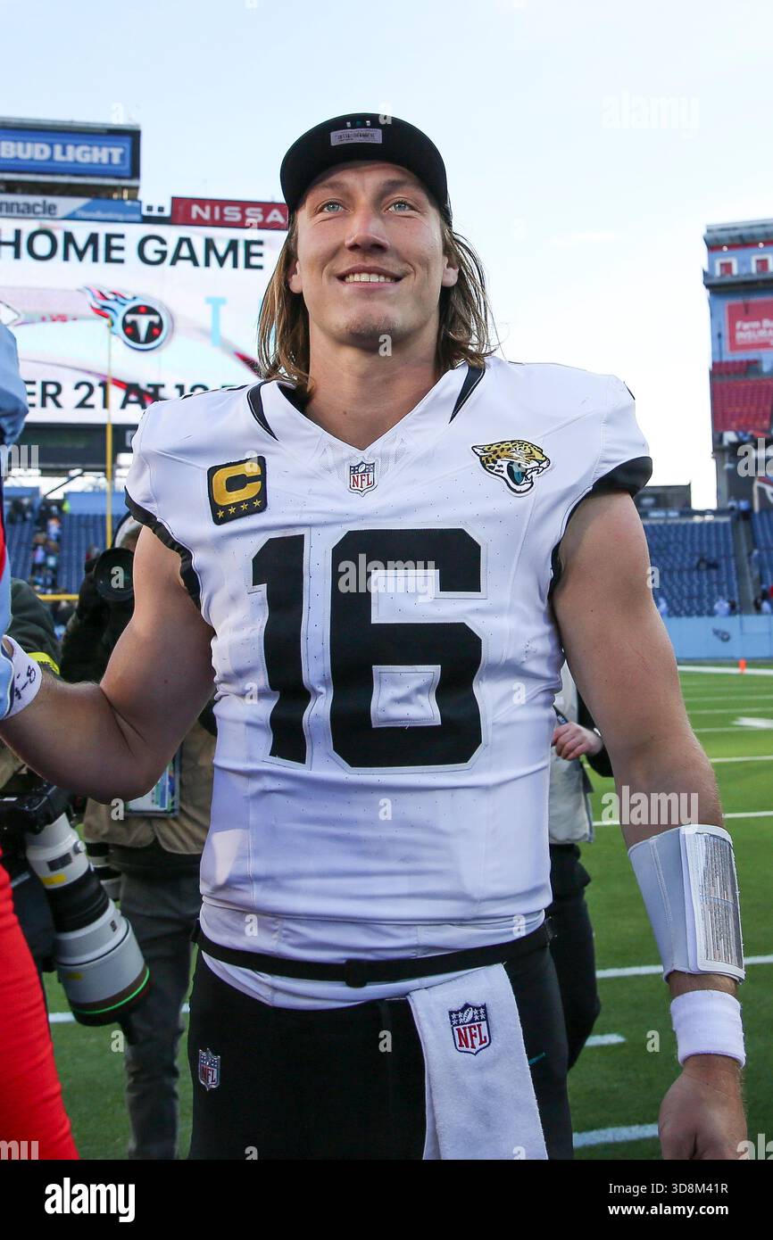 Jacksonville Jaguars quarterback Trevor Lawrence (16) after winning the ...