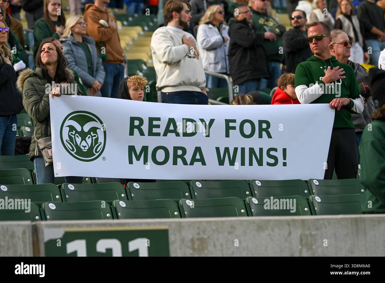 November 28, 2025: Fans hold a sign saying ''READY FOR MORA WINS'' in ...