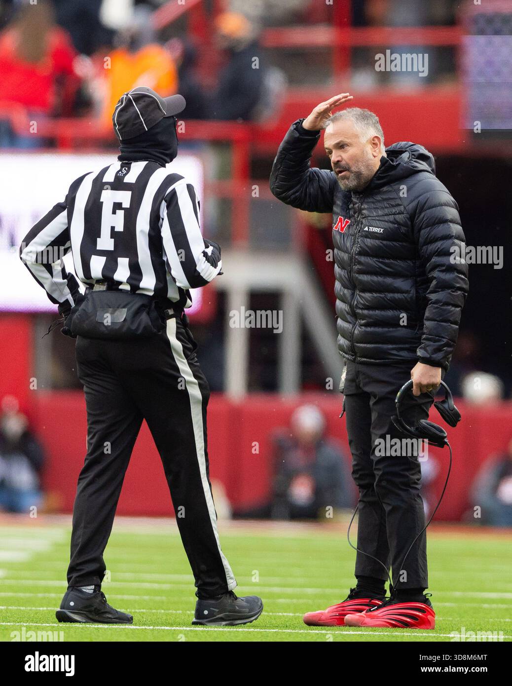 Nebraska head coach Matt Rhule disputes a referee's call after Nebraska ...