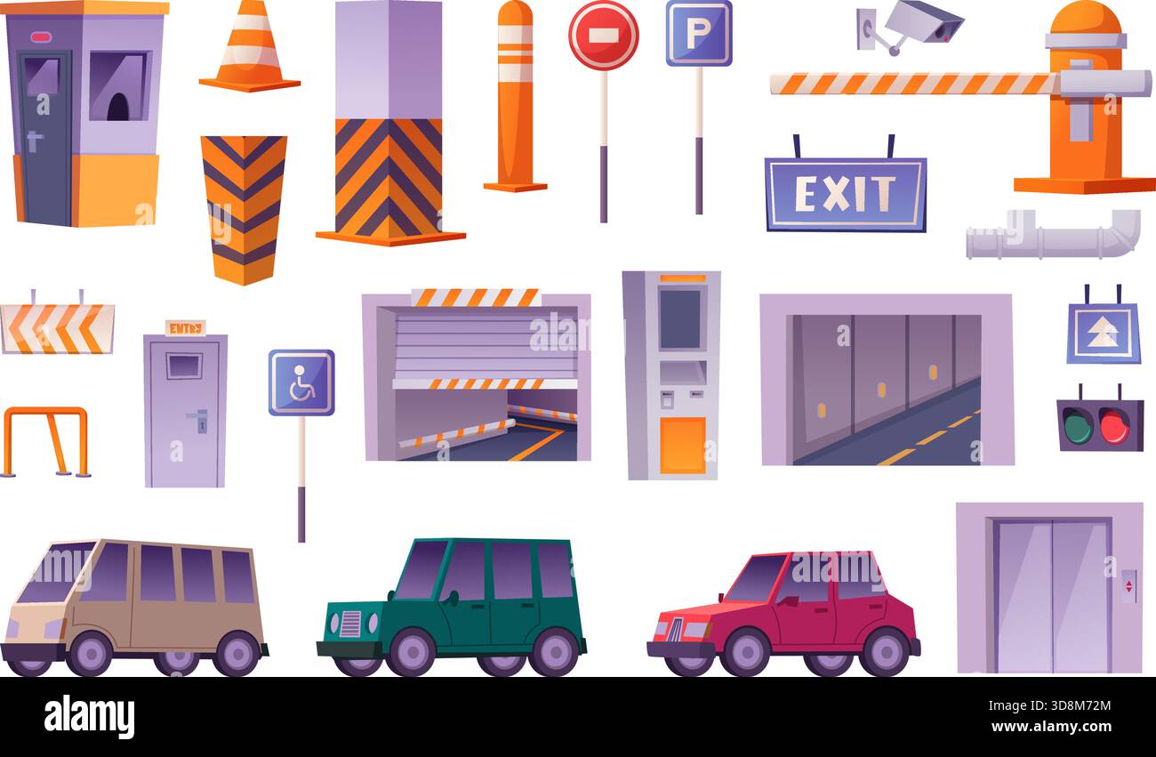 Parking. Different signs traffic barriers sidewalks exact vector ...
