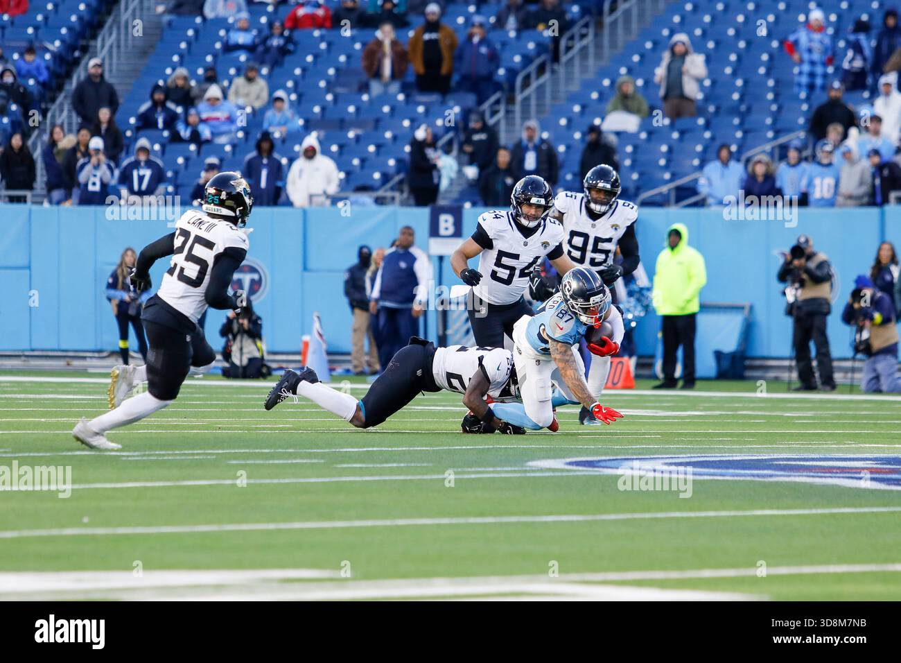 Tennessee Titans wide receiver Xavier Restrepo (87) is tackled during ...