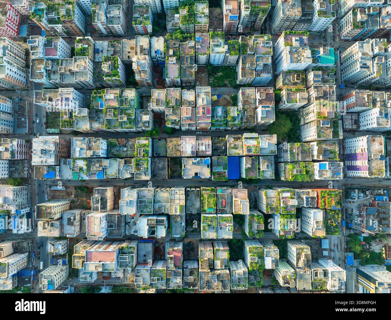 Aerial view of densely packed buildings with rooftop gardens creating a ...