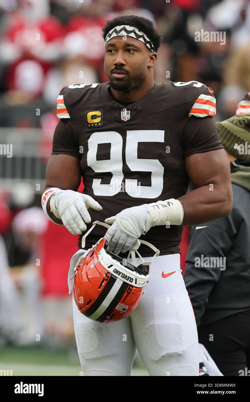 Cleveland Browns defensive end Myles Garrett (95) during a timeout in ...