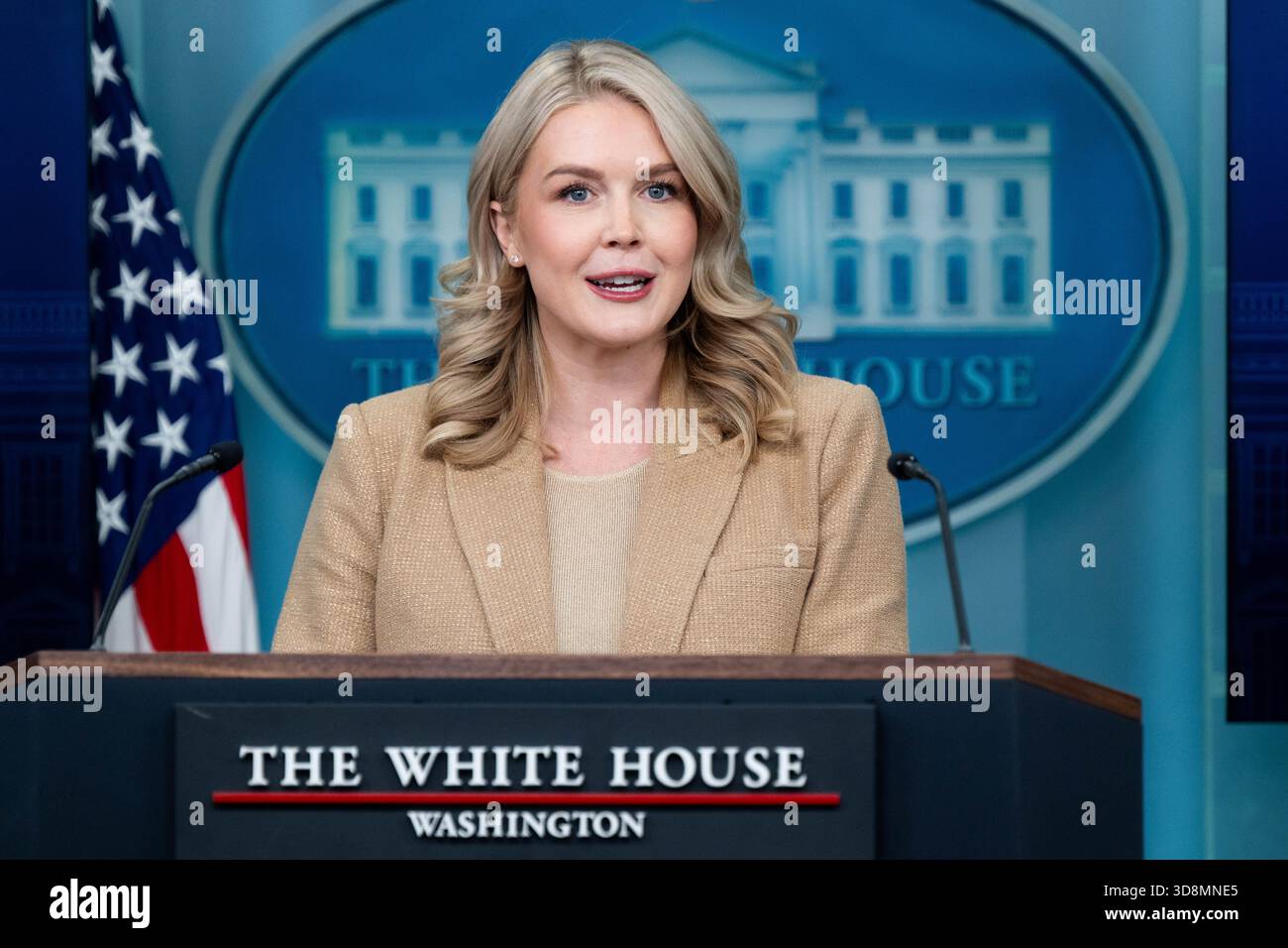 White House Press Secretary Karoline Leavitt speaking at a press briefing in the White House ...