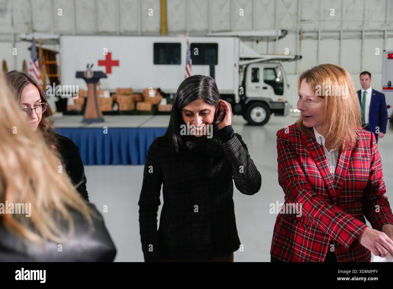 Second lady Usha Vance, center, helps build a Red Cross holiday care ...