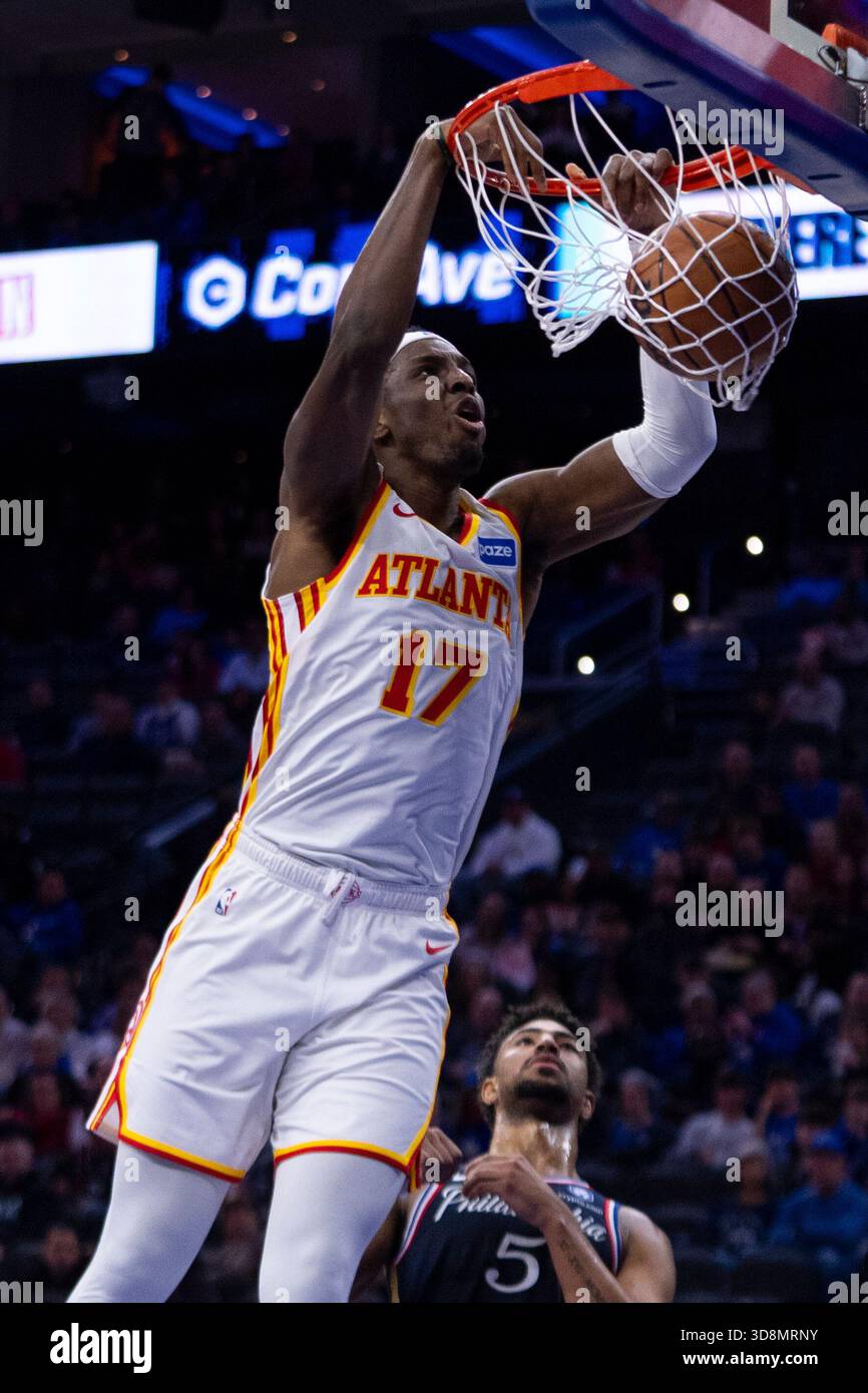 Atlanta Hawks' Onyeka Okongwu dunks the ball during an NBA basketball ...