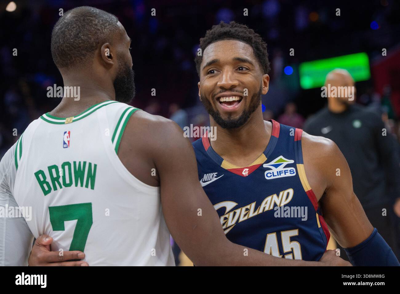 Cleveland Cavaliers' Donovan Mitchell, right, greets Boston Celtics ...