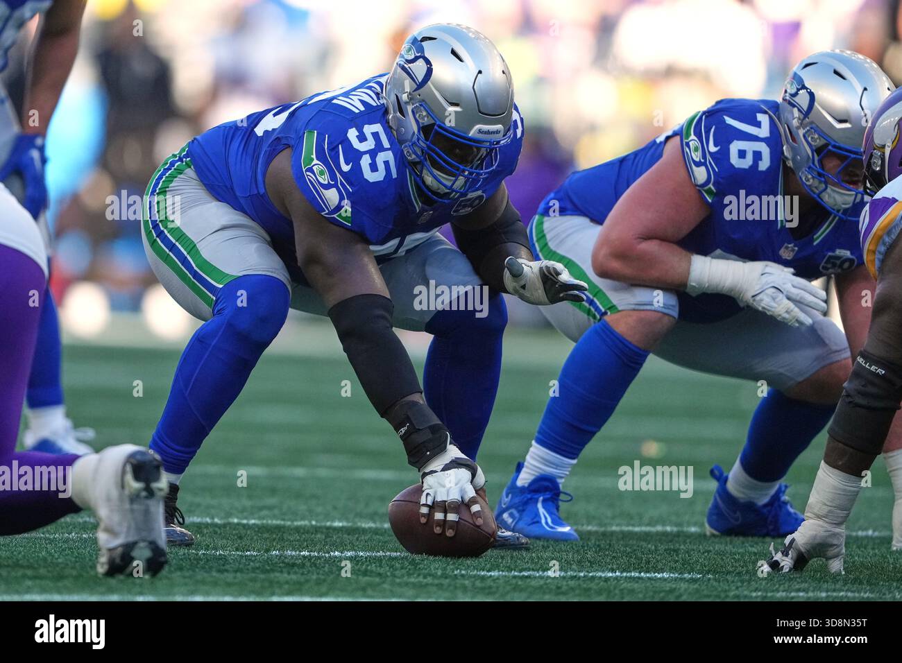 Seattle Seahawks center Olu Oluwatimi (55) prepares to snap the ball ...