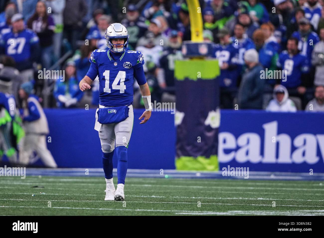 Seattle Seahawks quarterback Sam Darnold looks on during an NFL ...