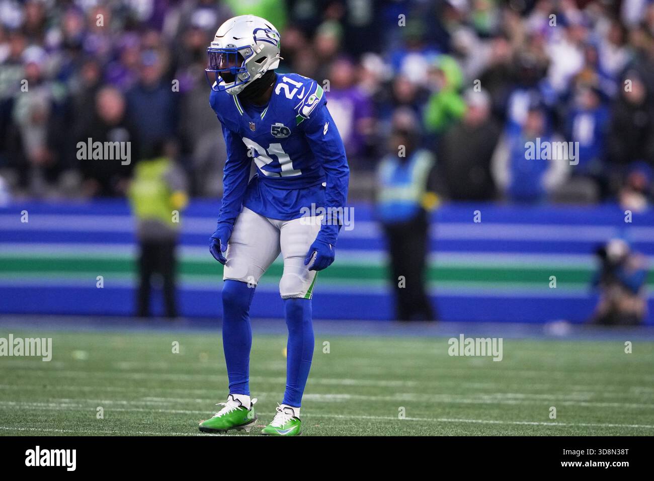 Seattle Seahawks cornerback Devon Witherspoon (21) waits for a play ...