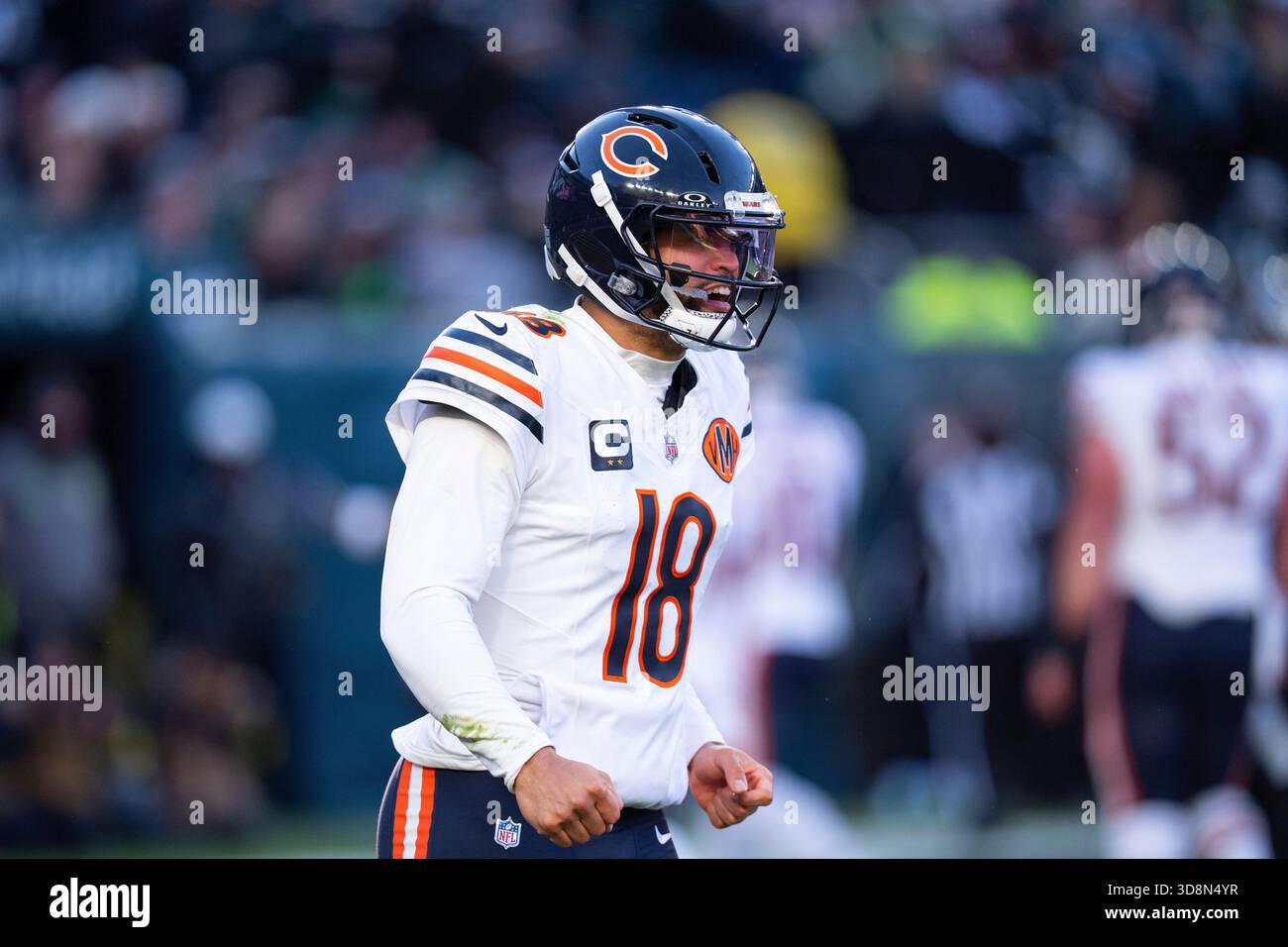 Chicago Bears quarterback Caleb Williams reacts during an NFL football ...