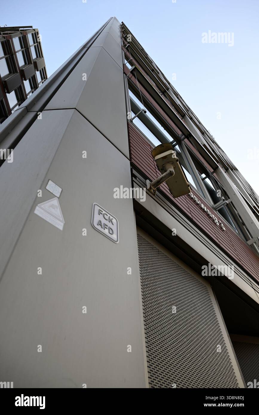 Details of Security Cameras on different buildings. Hamburg city near ...