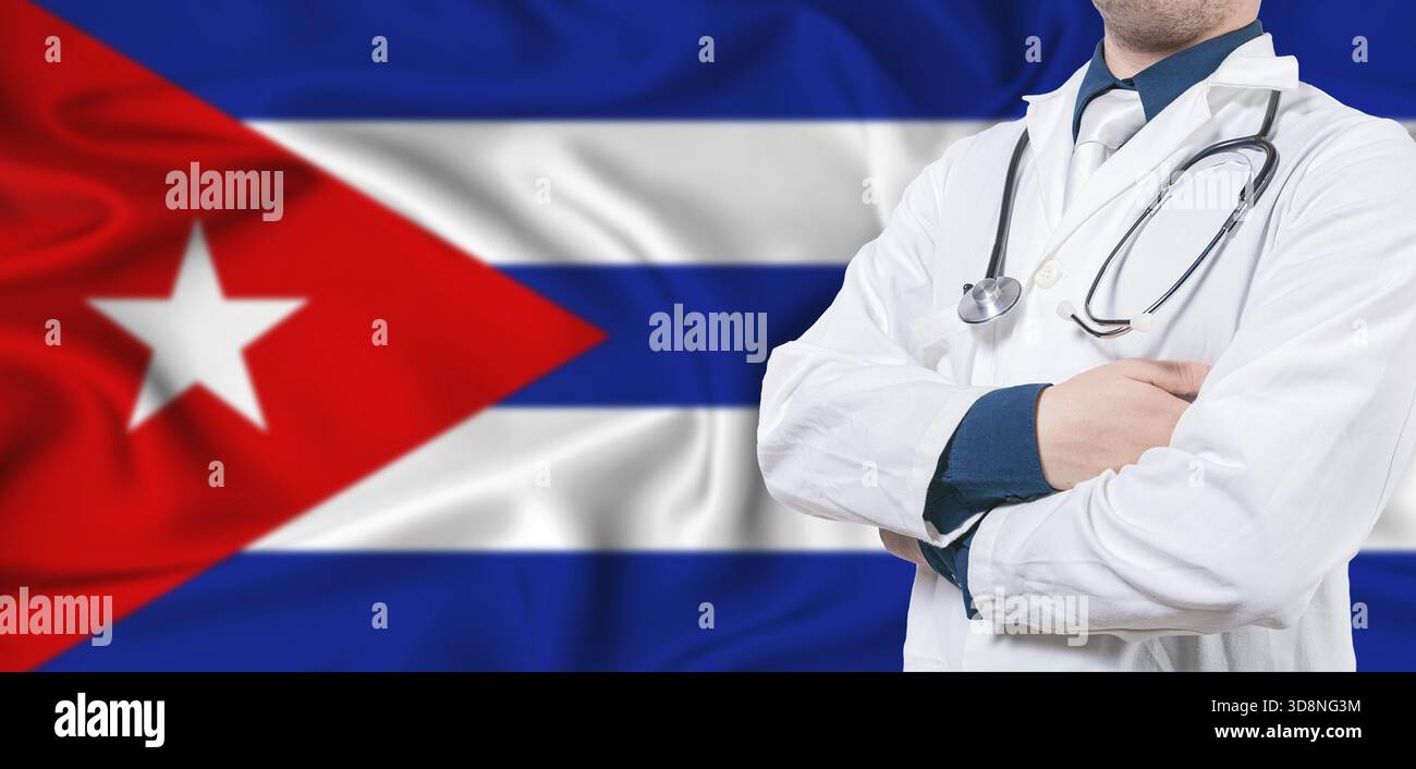 Cuba healthcare concept. Male doctor on Cuban flag. Doctor with crossed ...