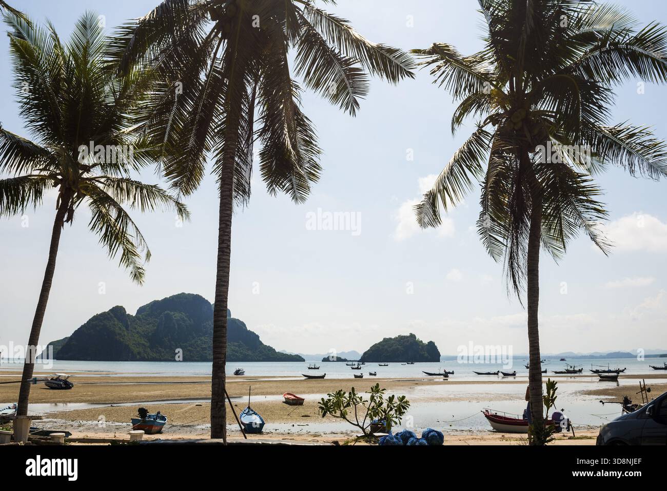 Beach with coconut trees and fishing boats, Thun Thong, Chumphon ...