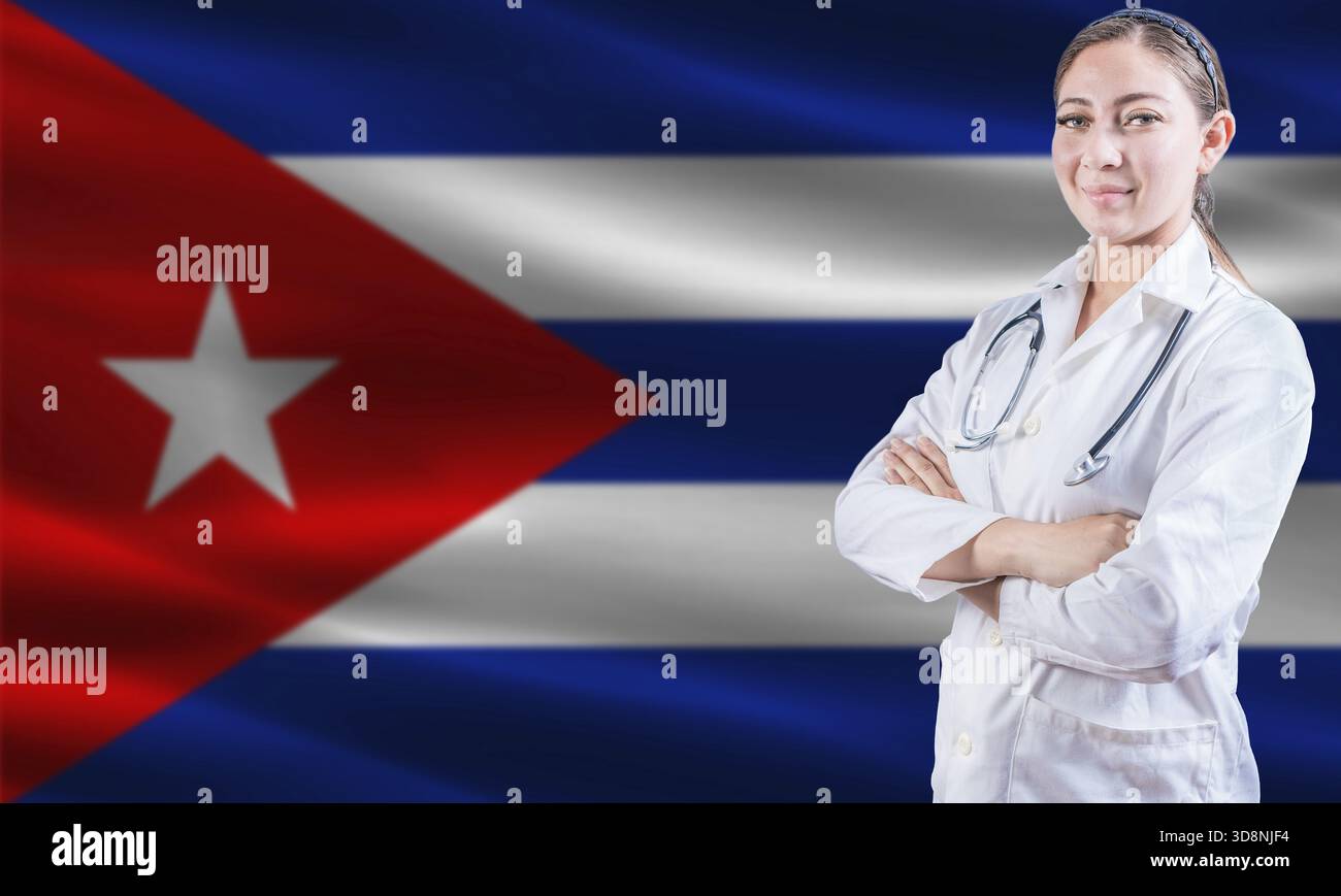 Female doctor on Cuban flag. Doctor with crossed arms on Cuba flag ...