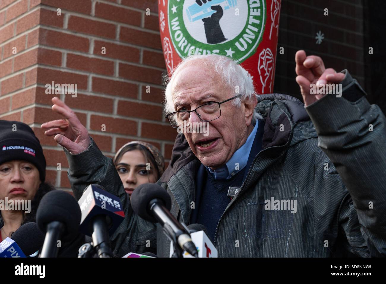Senator Bernie Sanders speaks to the press as he and Mayor-elect Zohran ...