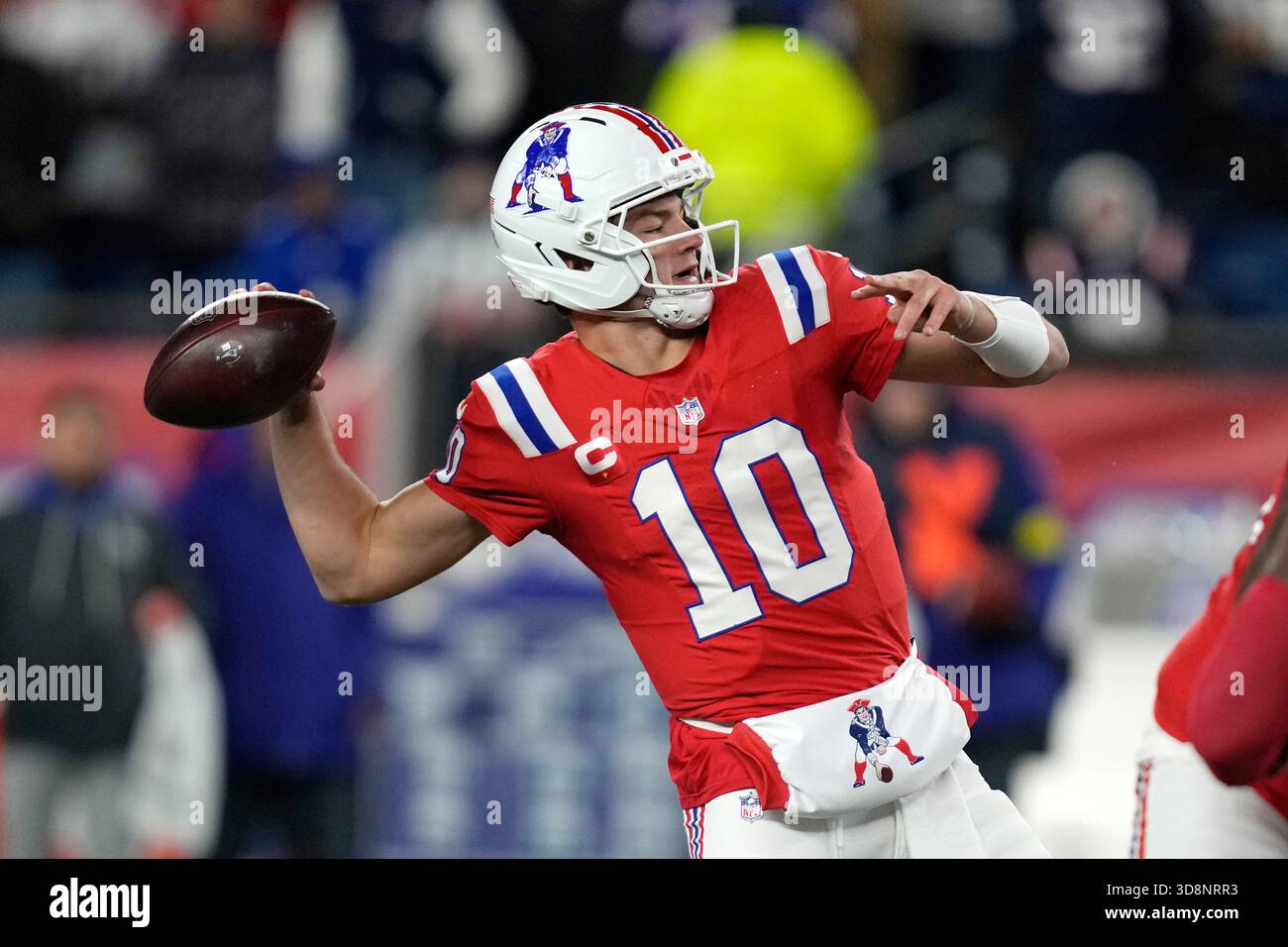 New England Patriots quarterback Drake Maye looks to pass against the ...