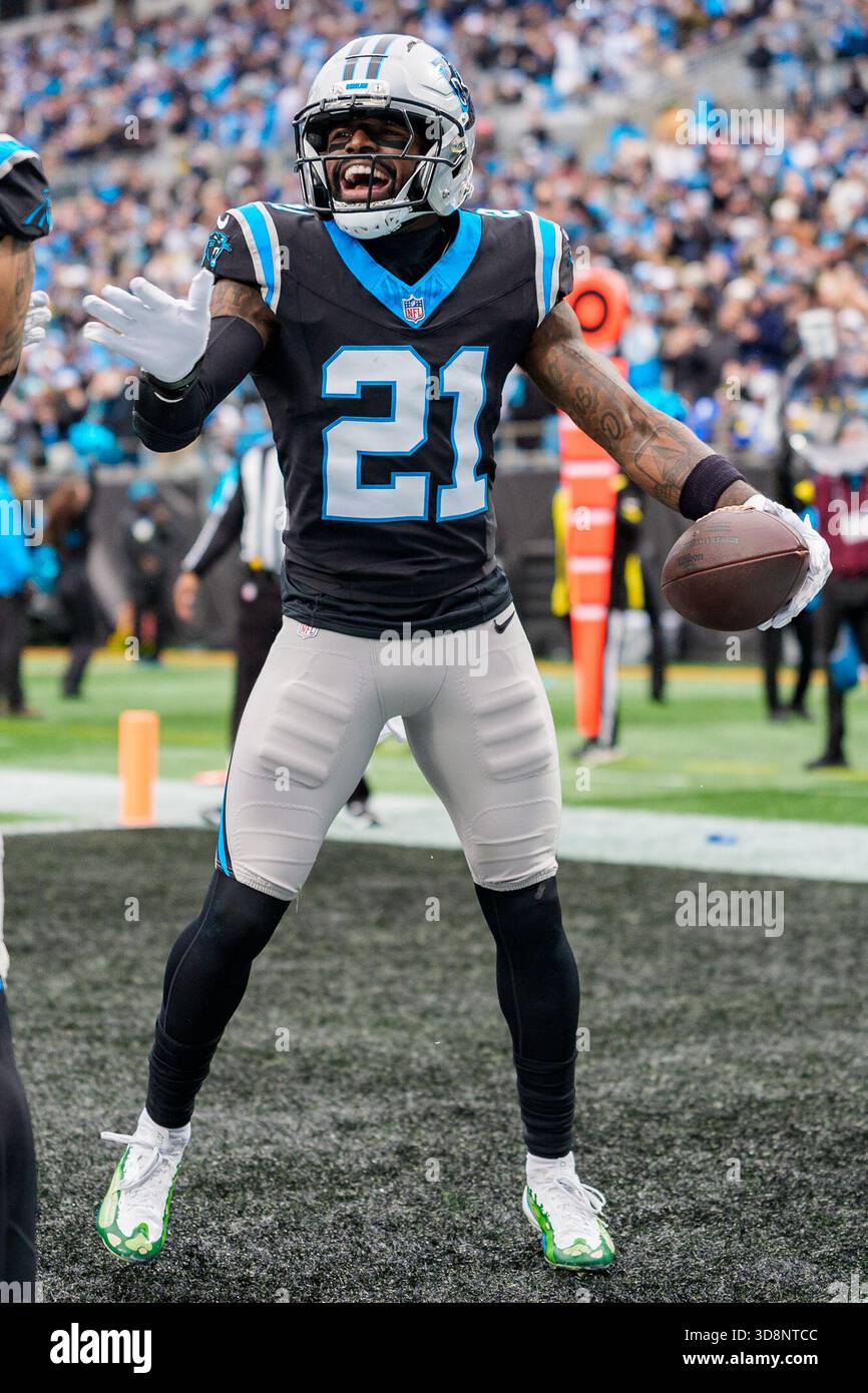 Carolina Panthers safety Nick Scott (21) celebrates an interception ...