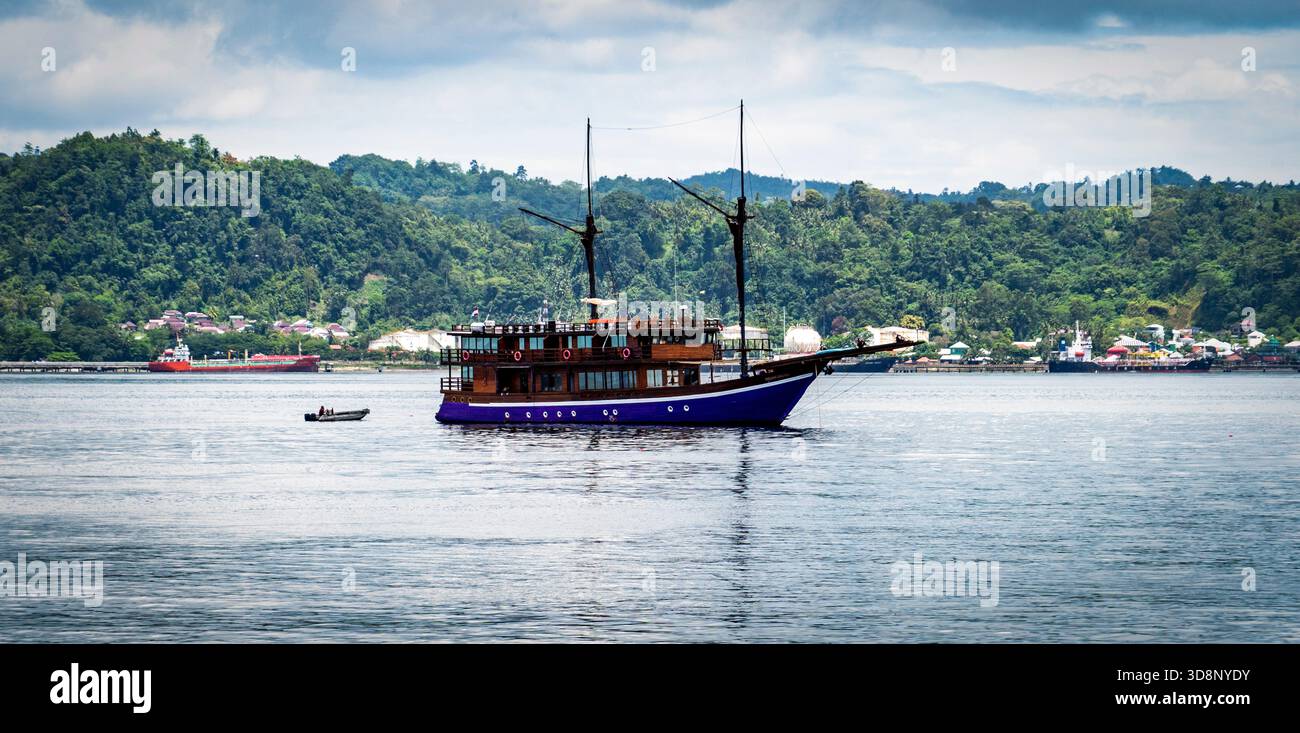 A traditional wooden sailing ship with two masts on calm waters, surrounded by lush green hills ...