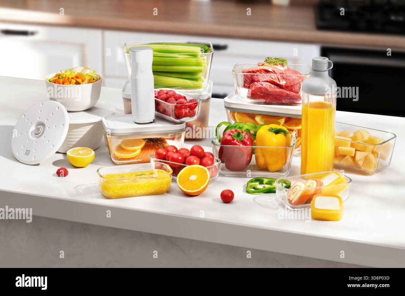 Set of vacuum sealed glass food storage containers with fresh meat ...