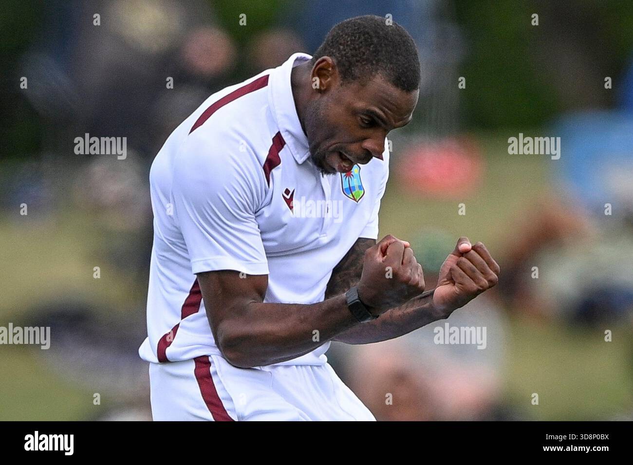 West Indies' Justin Greaves celebrates taking the wicket of New Zealand ...